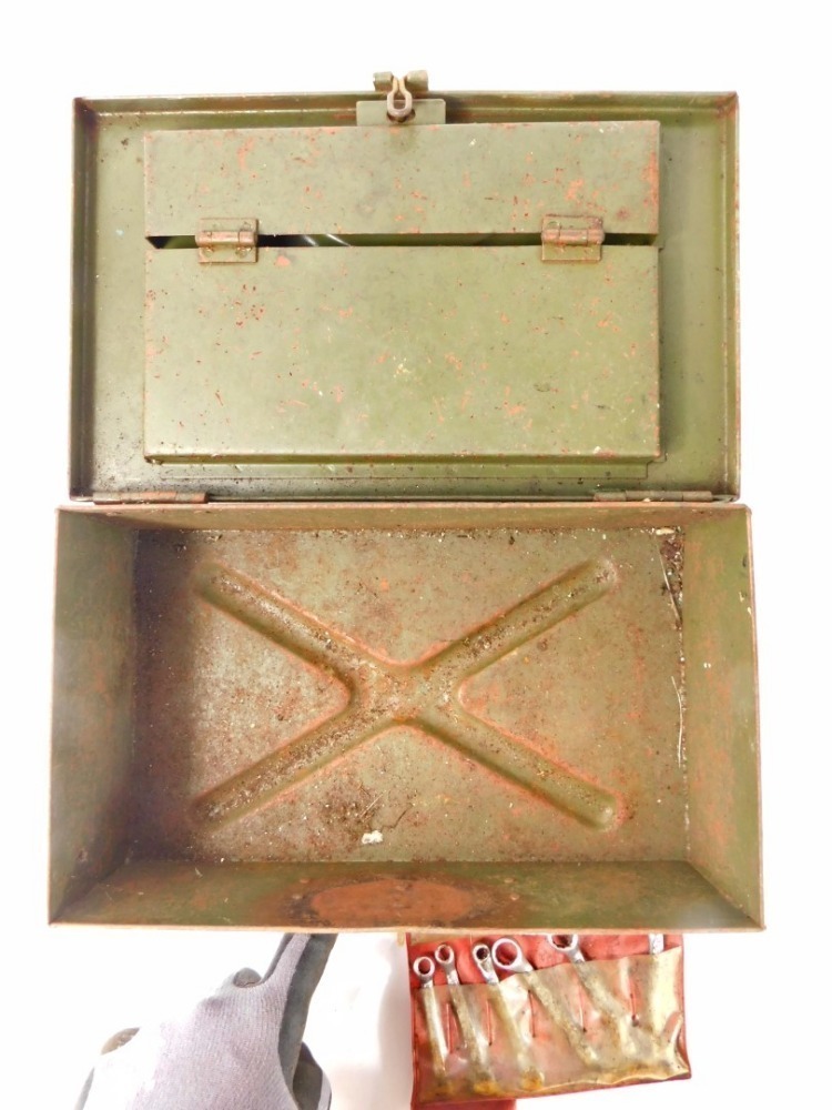 A small iron cauldron, with swing handle, and a tin boxed, possibly ...