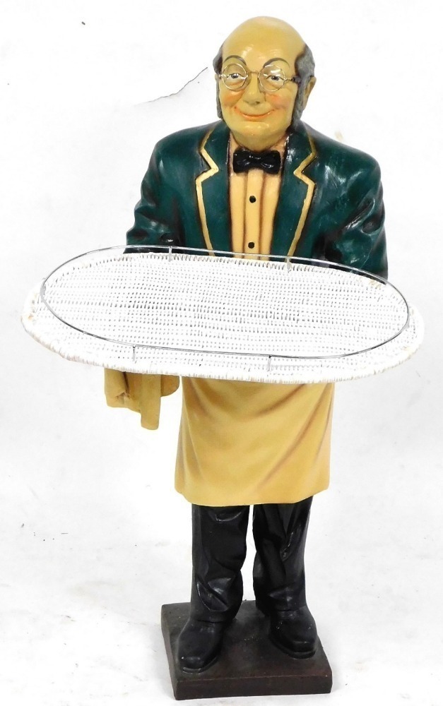 A 20thC plaster dumb waiter, modelled with a caned galleried tray ...