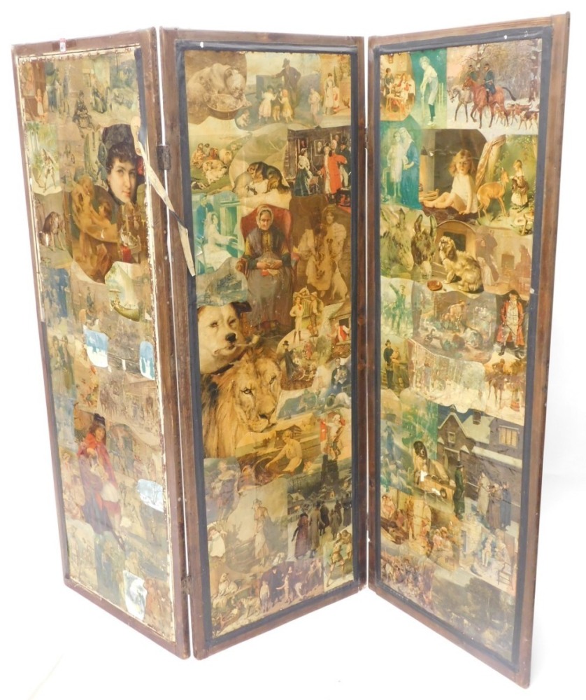A late Victorian pine three fold scrap screen, decorated with children ...