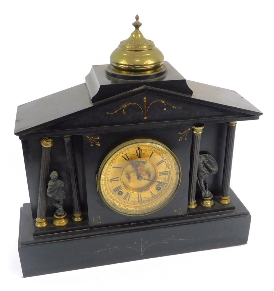 A Victorian slate mantel clock, circular brass dial with visible brocot ...