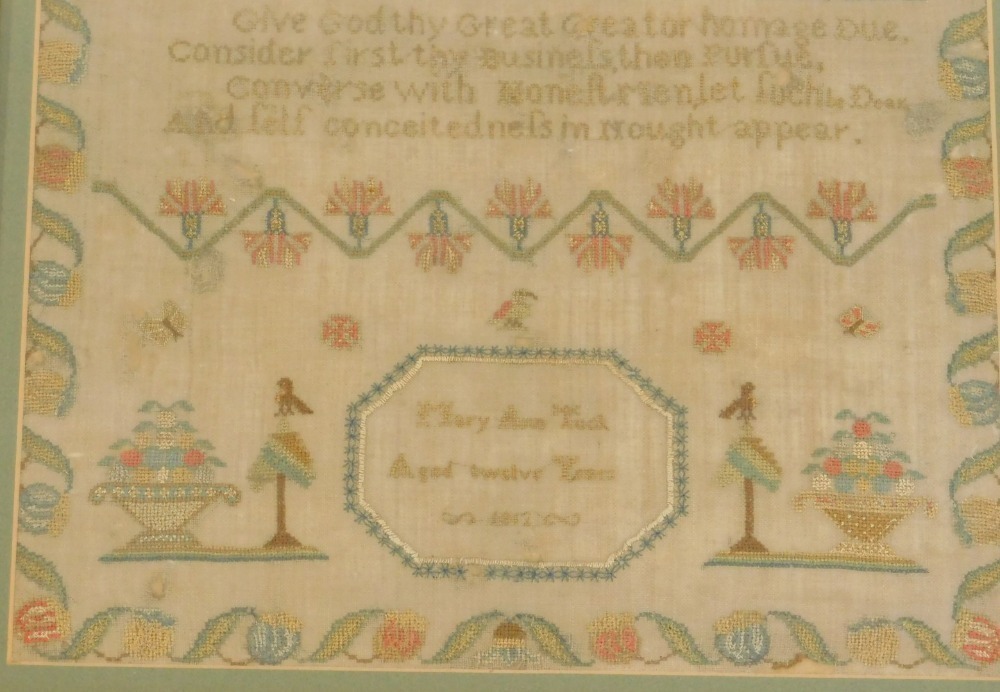 A George III sampler by Mary Anne Tuck, aged 12 years, 1812, showing a ...