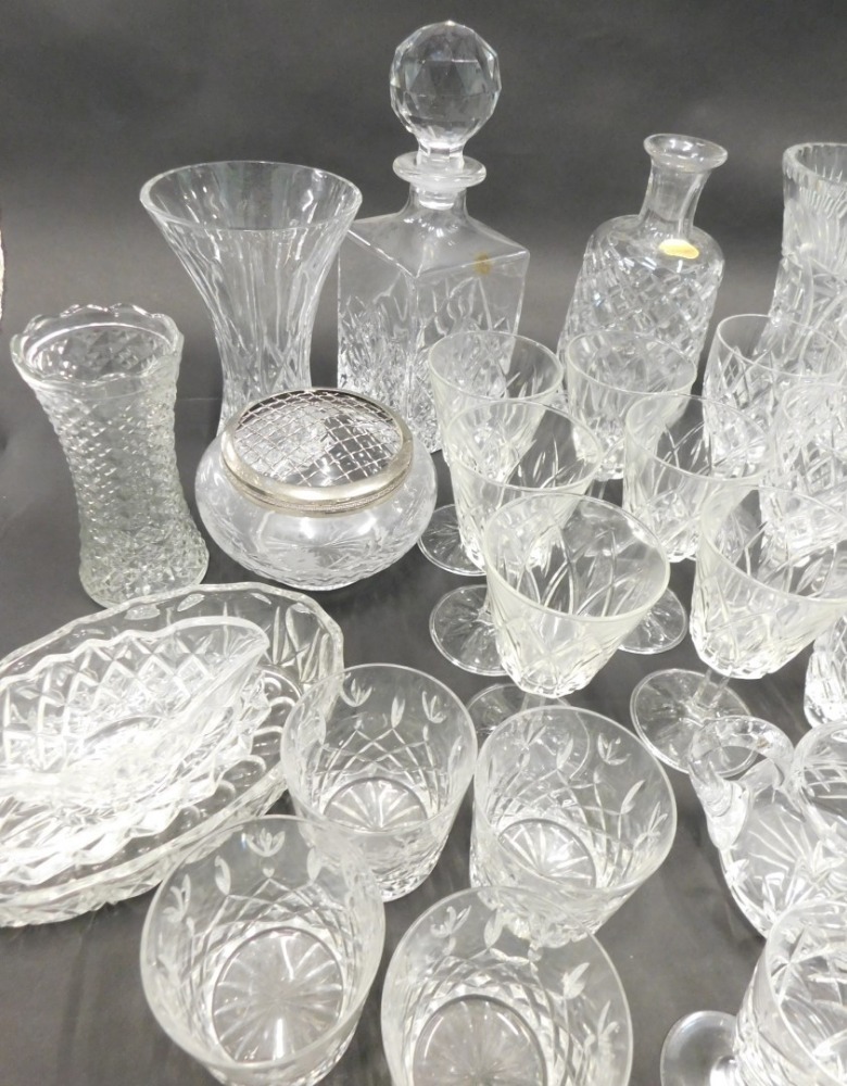 Various glassware, cut glass bowls, decanters, vinegar ewer, 16cm high ...