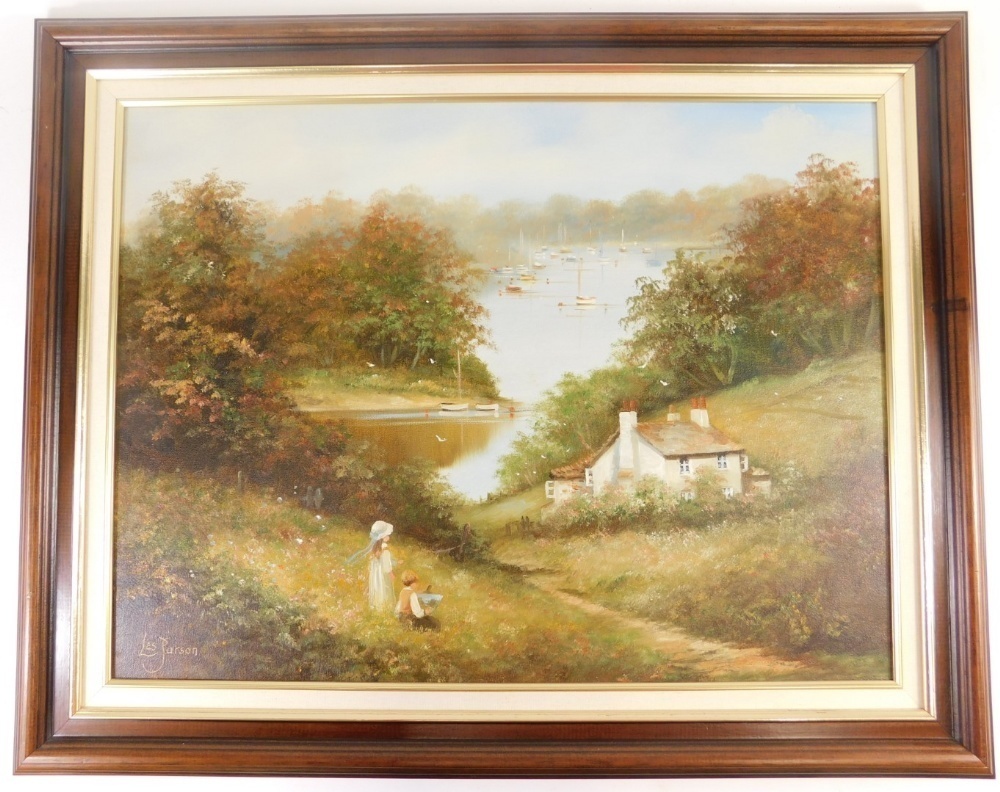 Les Parson (b.1945). Children before cottage and calm waters, oil on ...