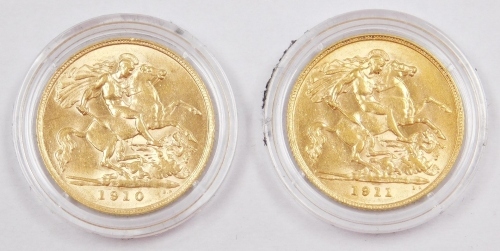 An Edward VII and George V gold half sovereign coin set, dated 1910 and ...