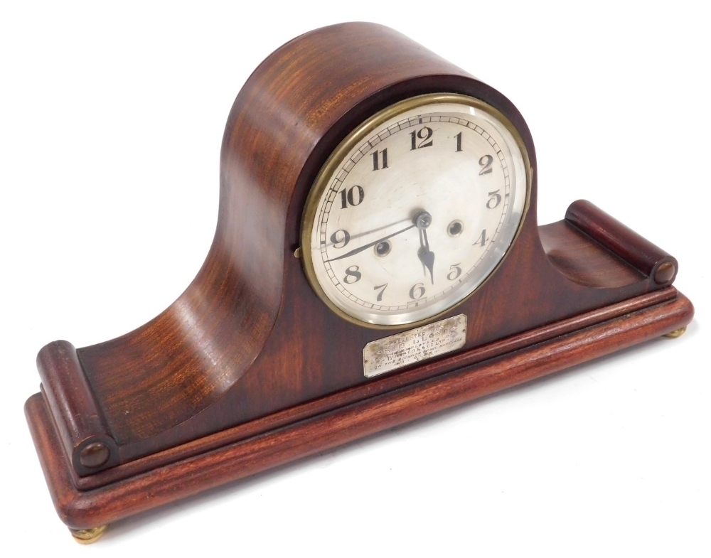 An early 20thC mahogany cased Napoleon hat mantel clock, silvered dial ...
