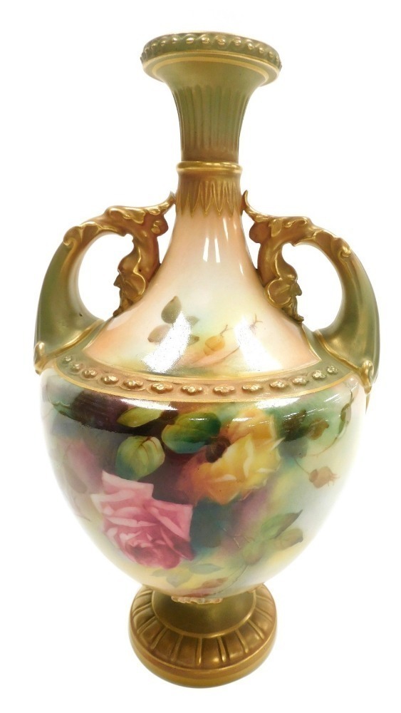 A Royal Worcester blush porcelain vase, circa 1907, of twin handled ...