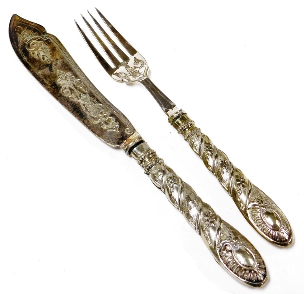 A Victorian part set of silver plated fish eaters, with engraved and ...