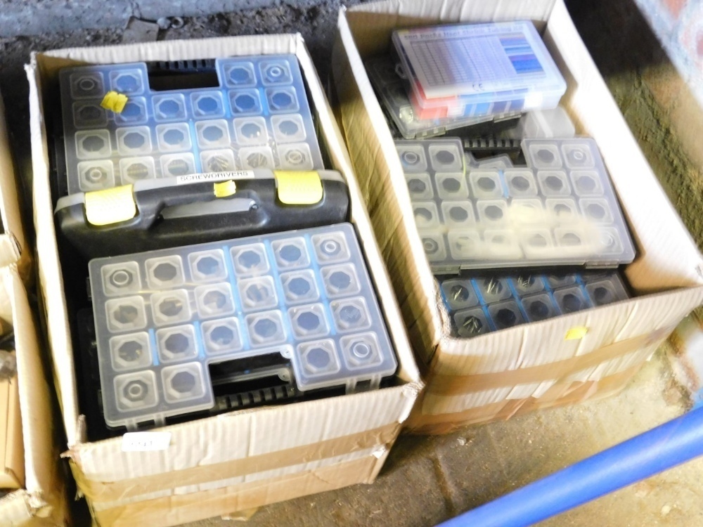 A Rolson ten piece screwdriver set, various plastic cases containing ...