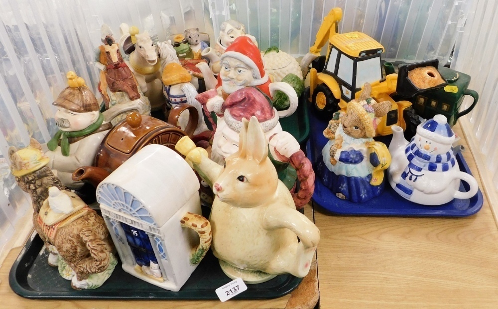 Various novelty pottery teapots, to include Santa Claus, rabbit, JCB ...