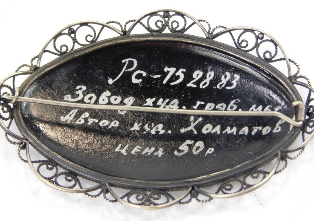 A Russian hand painted brooch, the panel depicting horse and troika ...