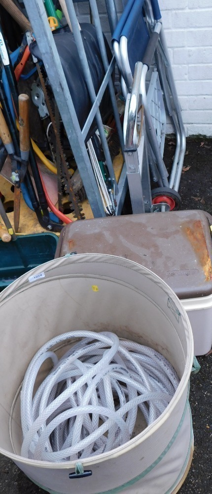 A cool box, garden trundle bag and hose pipe, Draper trolley, ladder ...