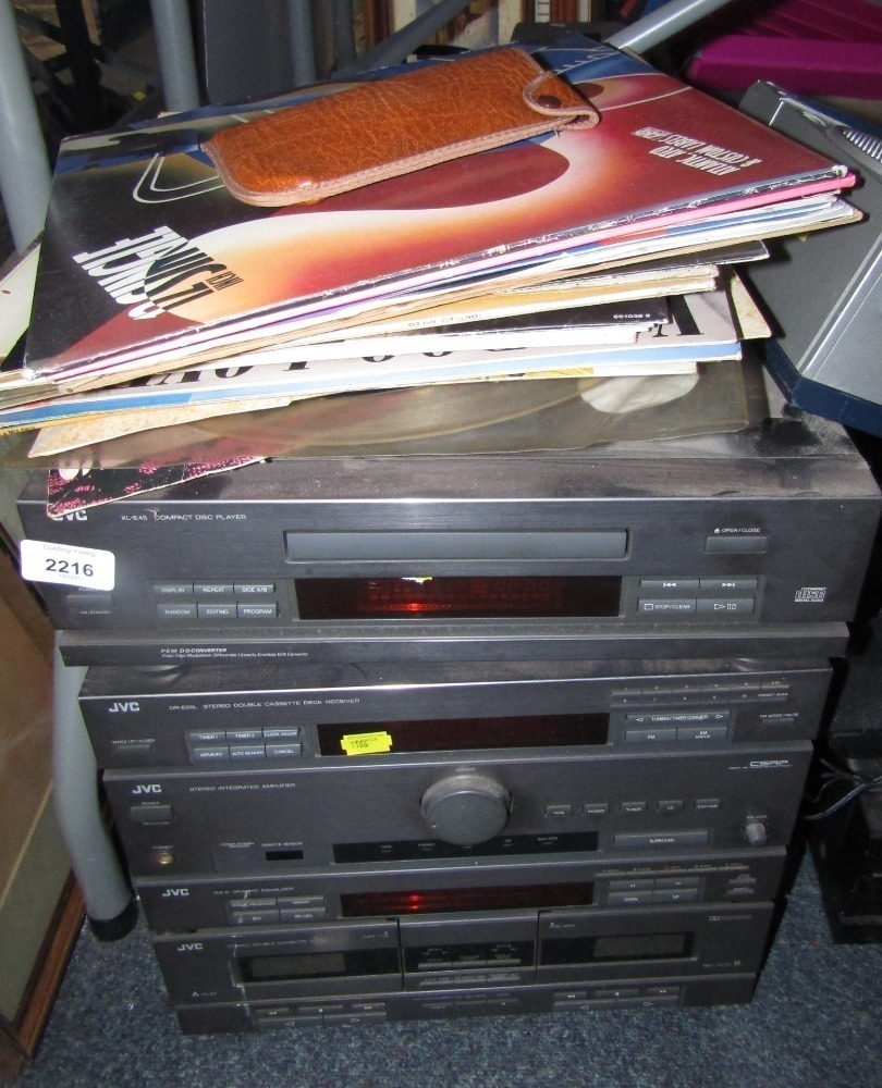 A JVC hifi system, comprising XL-E45 compact disc player, DR-E55L stereo double cassette deck ...