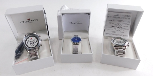 Two Chronon wristwatches, a Pascal Veran gent's wristwatch, boxed. (3)