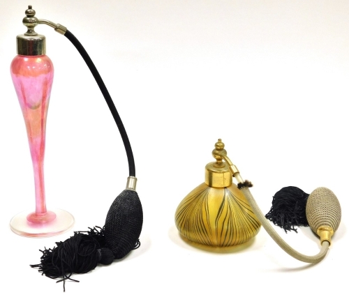A Glasform iridescent glass scent bottle, of slender tapering form on a ...