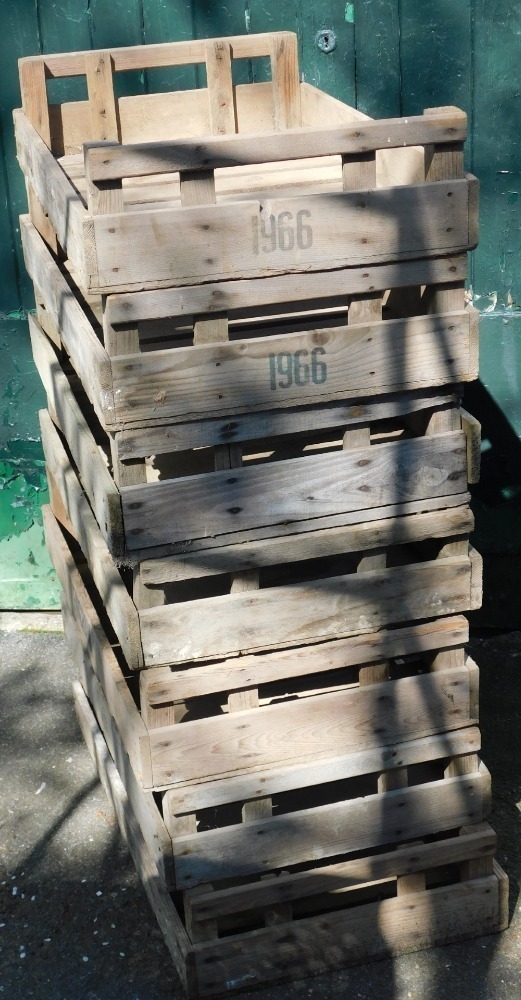 Seven wooden vegetable crates, stamped for Turner, Burn and John Inns ...