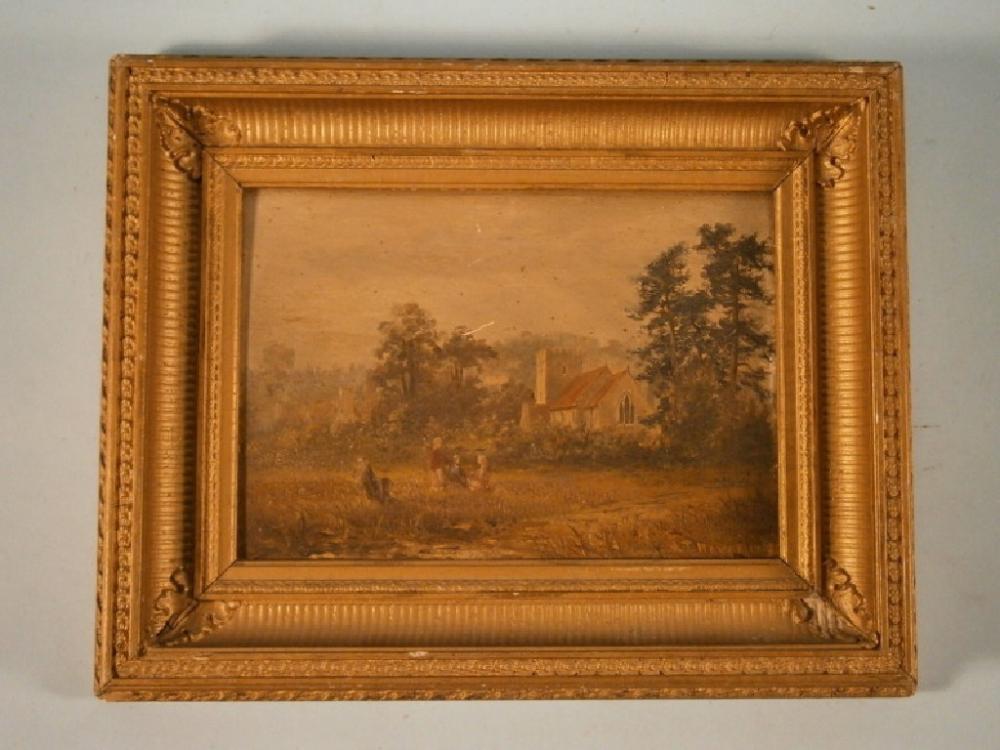 J T Haverfield. Figures in a field before a church