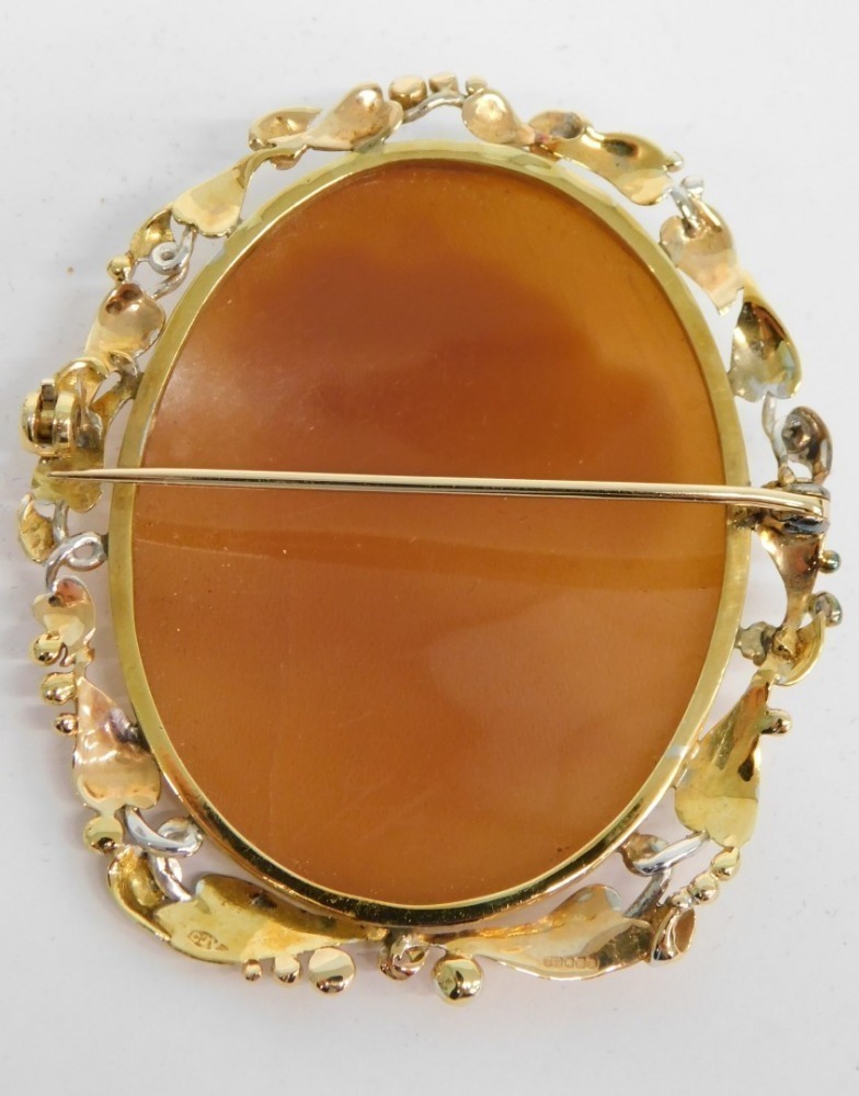 A 20thC cameo brooch, head profile, in a tricolour mount, with plain ...