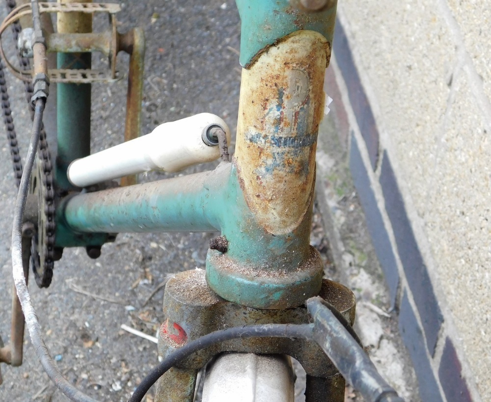 A vintage Reynolds tandem bicycle, in green trim, with leather seats ...
