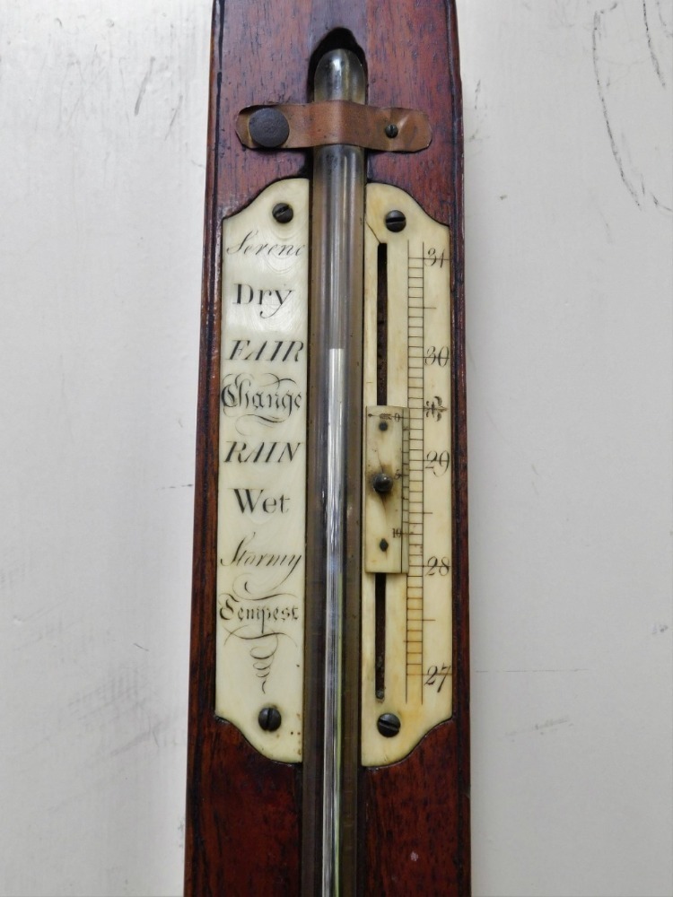 A 19thC mahogany cased stick barometer, with ivory gauge, 97cm high.