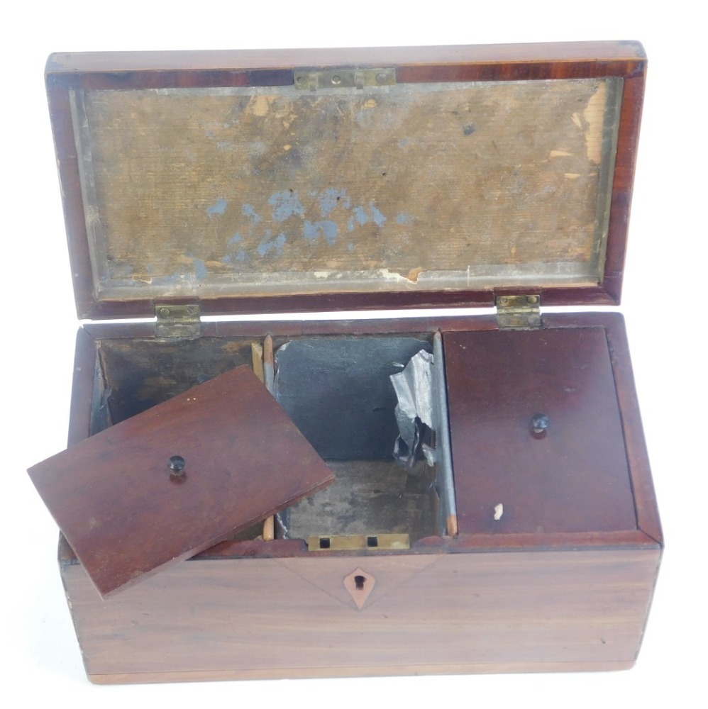 A George III mahogany tea caddy, of rectangular form with satinwood ...