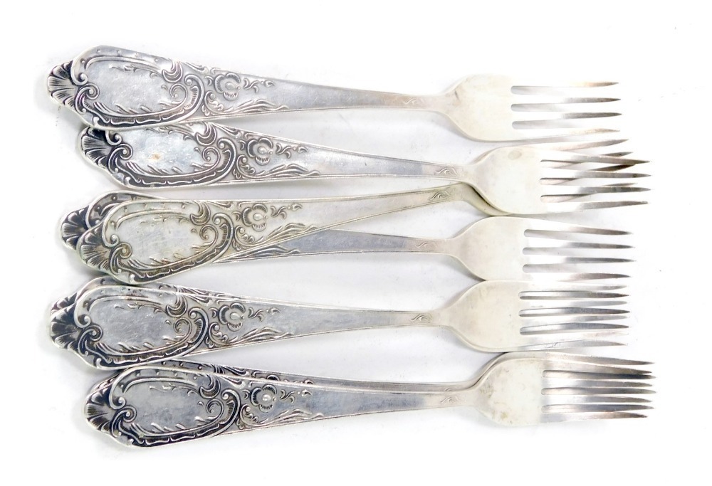 Twelve Soviet era silver table forks, with embossed rococo scroll ...