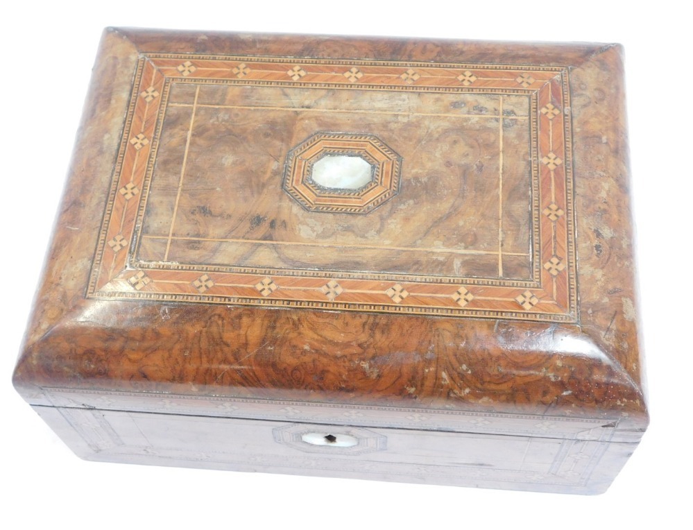 A Victorian walnut sewing box, with a domed top, inlaid with mother of ...