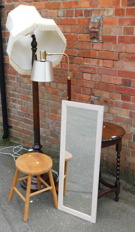An oak barley twist side table, stool, two standard lamps (AF), and a ...