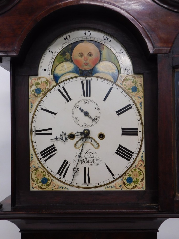 F Jones of Bedminster Bristol. A 19thC moon rolling longcase clock, the ...
