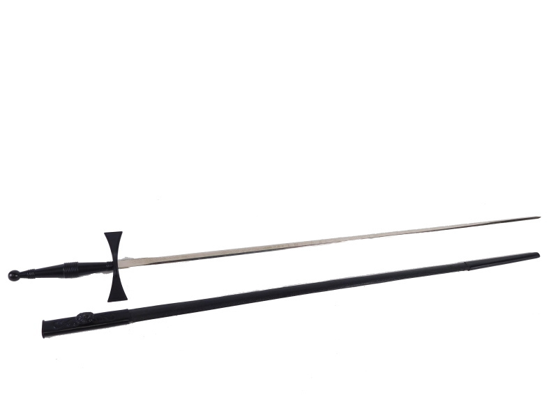 A Masonic sword, with black scabbard, etched blade, and T handle with ...