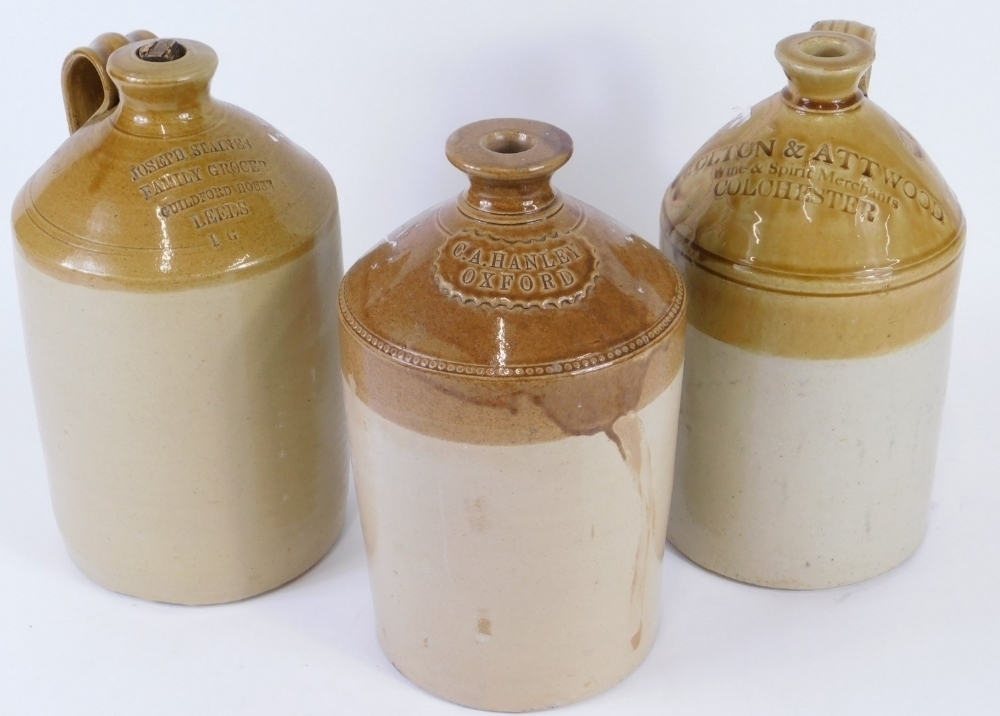 Three various stoneware flagons, to include Joseph Staines Family ...