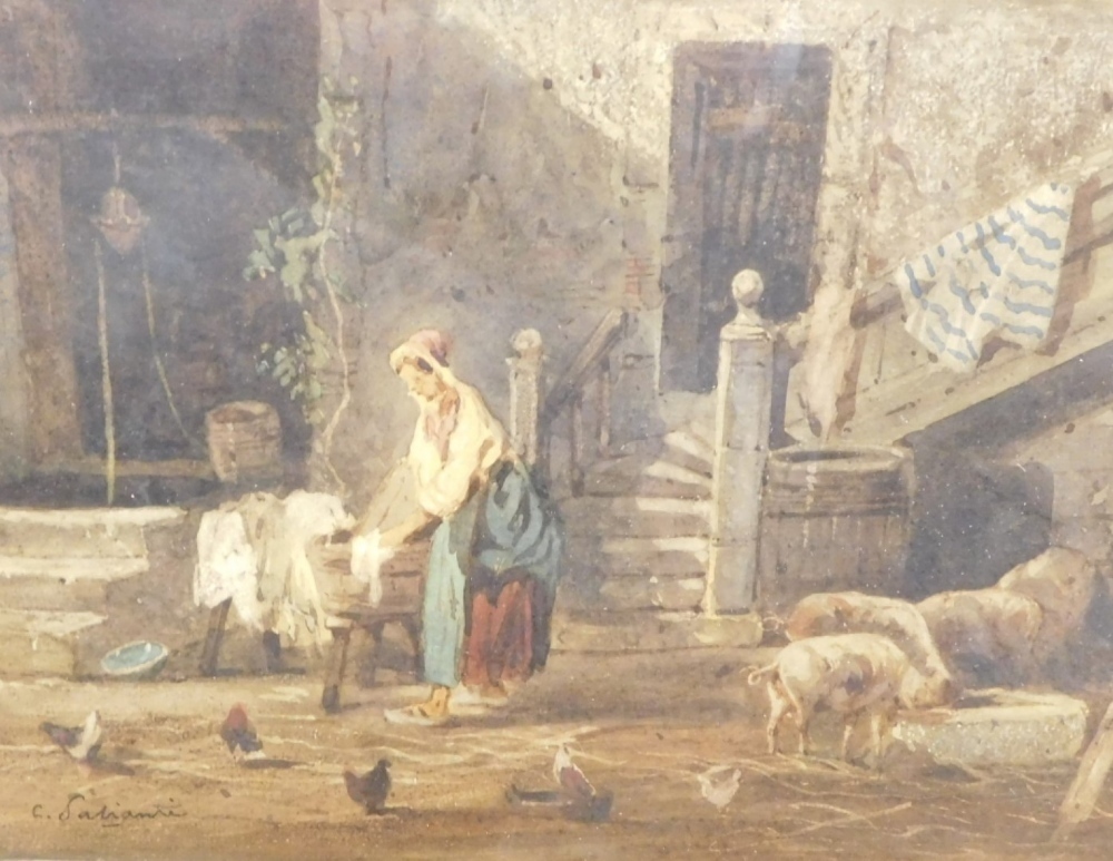 C. Slante (19thC). Woman washing clothes in a courtyard with farm ...