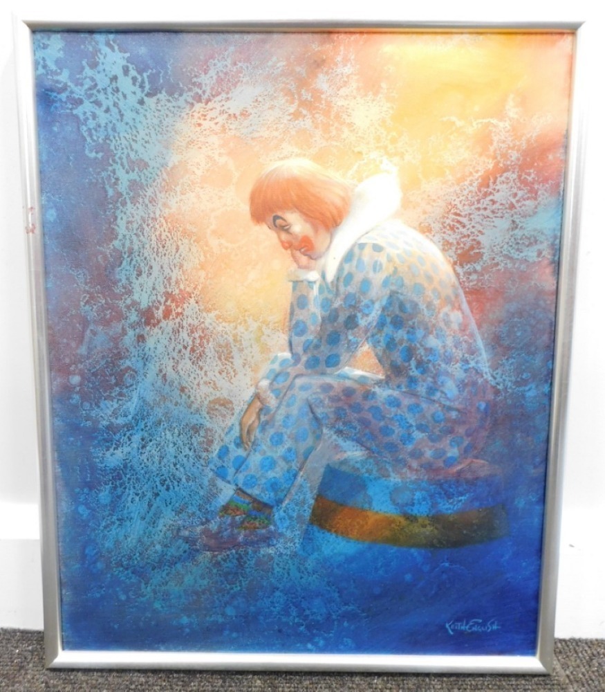 Keith English (1935-2016). Seated clown in reflective mood, oil on ...