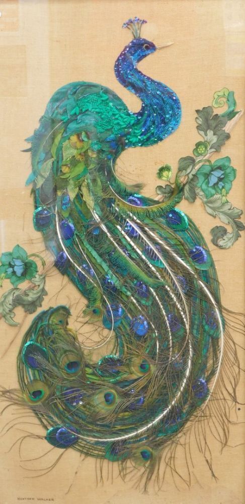 Heather Walker (20thC). Peacock, collage, signed, attributed verso ...
