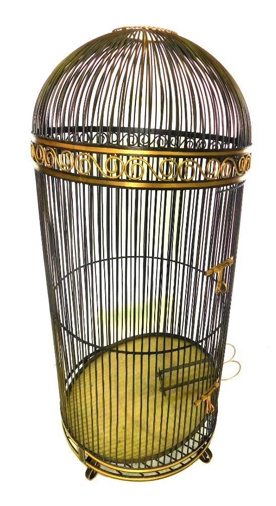 A patinated brass and gilt large parrot cage, with scroll frieze, plain ...
