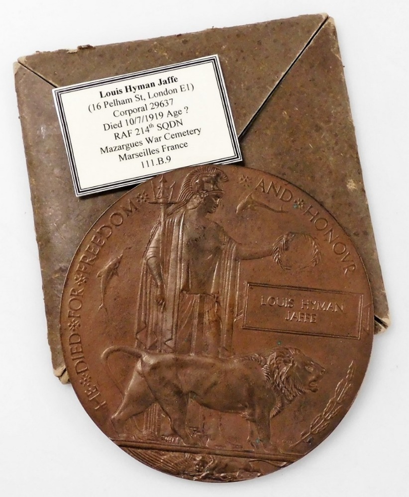 A WWI bronze widows penny, named to Louis Hyman Jaffe, Cpl 29637, RAF ...