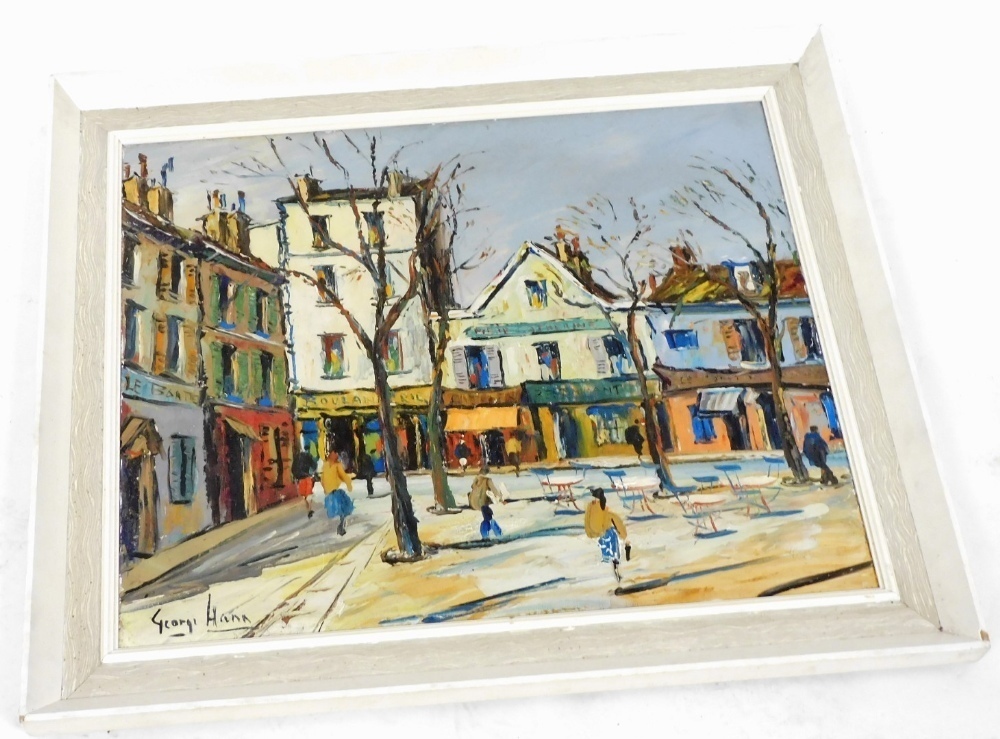 George Hann. Parisian street scene, oil on board, signed, 51cm x 61cm.