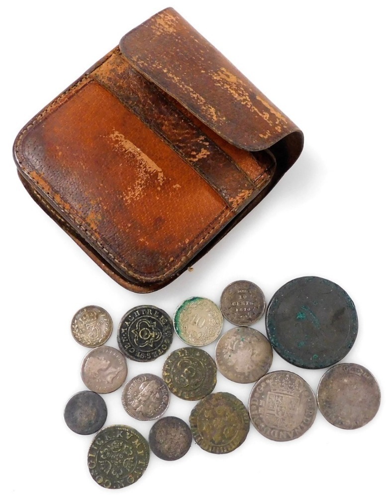 A group of coins, including a Spanish Ferdinand VI silver Real 1759 ...