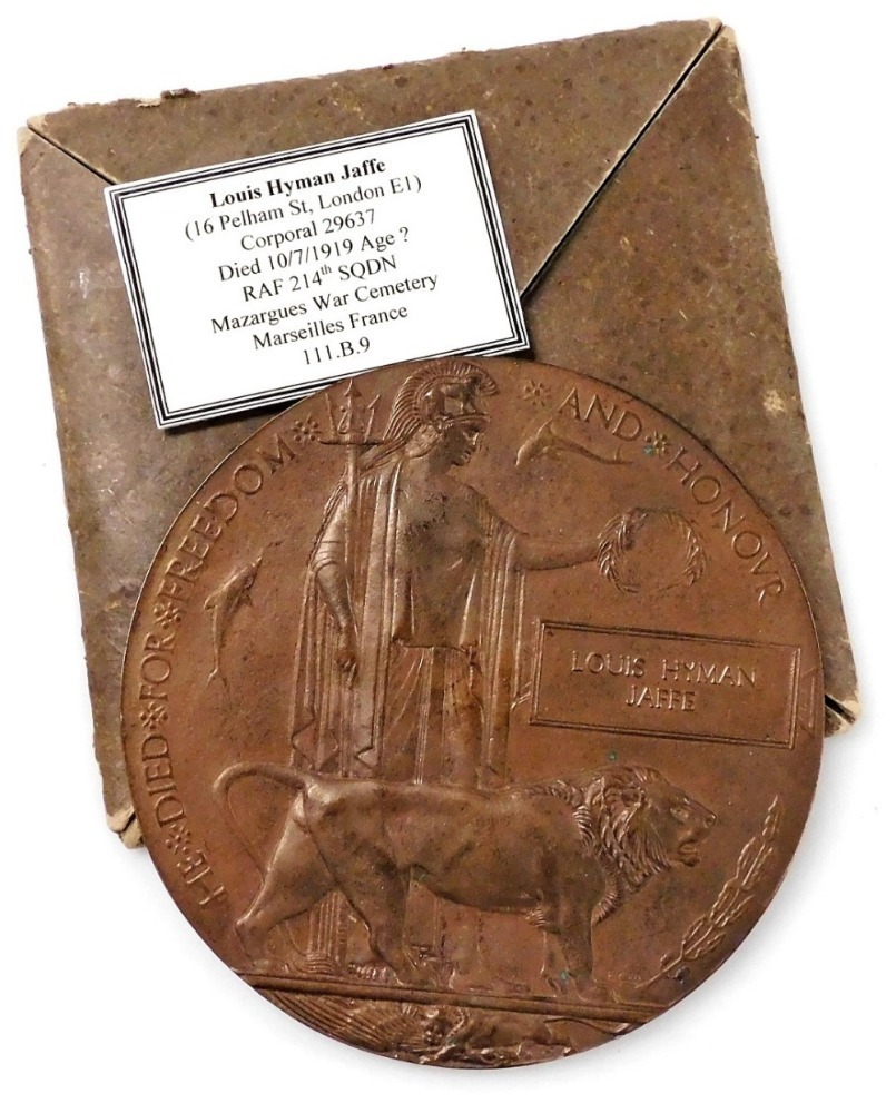 A WWI bronze widows penny, named to Louis Hyman Jaffe, Cpl 29637, RAF ...
