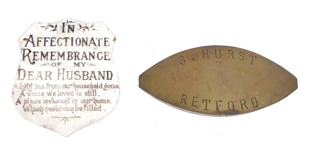 An early 20thC stencilled glass In Affectionate Remembrance plaque ...