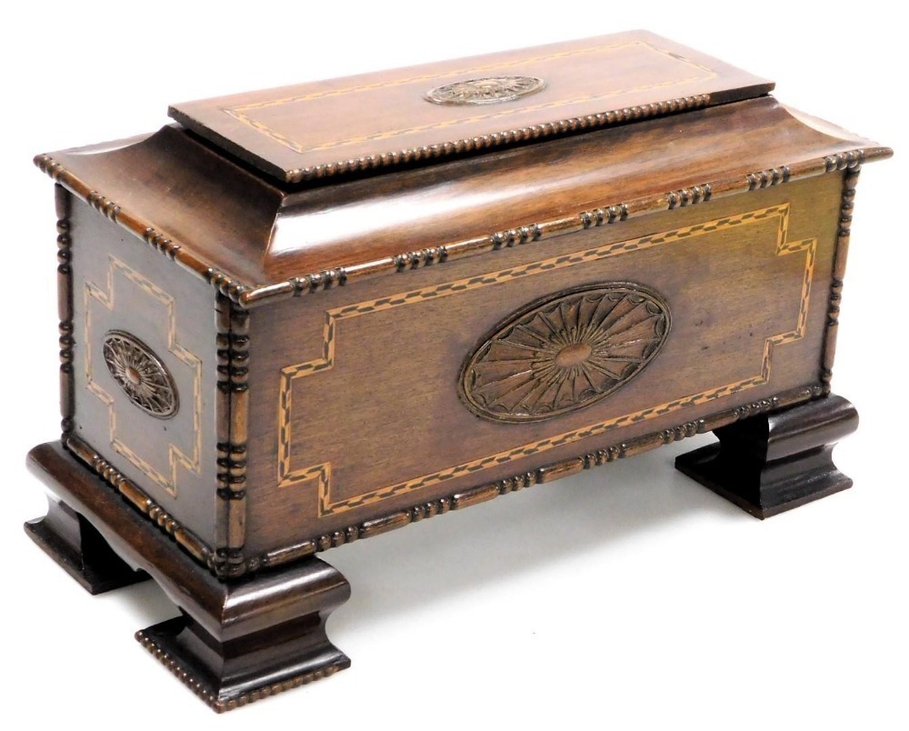 An early 20thC mahogany sewing casket, with carved sunburst paterae ...