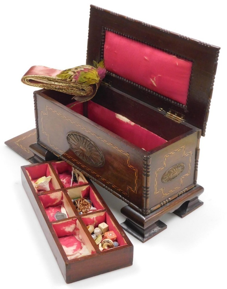An early 20thC mahogany sewing casket, with carved sunburst paterae ...