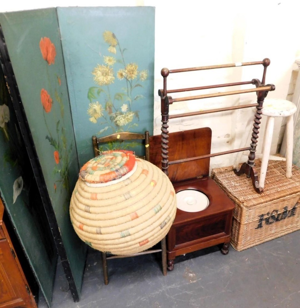 Various items of furniture, including a four fold screen, chair, towel ...