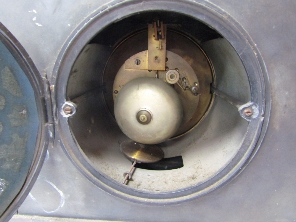 A 19thC French black slate mantel clock, in the Gothic Revival style ...