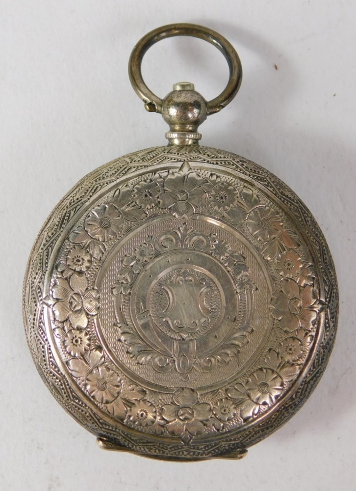 A Victorian silver fob watch, with a heavily engraved floral case, with ...