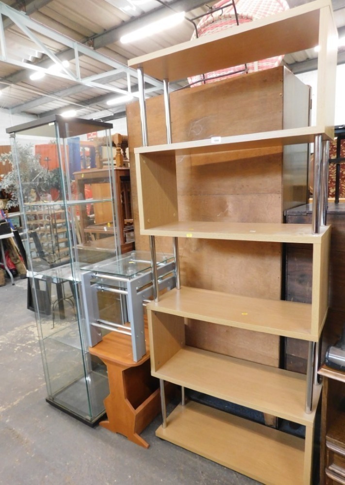 A modern beech effect tall bookcase with chrome supports, nest of two ...