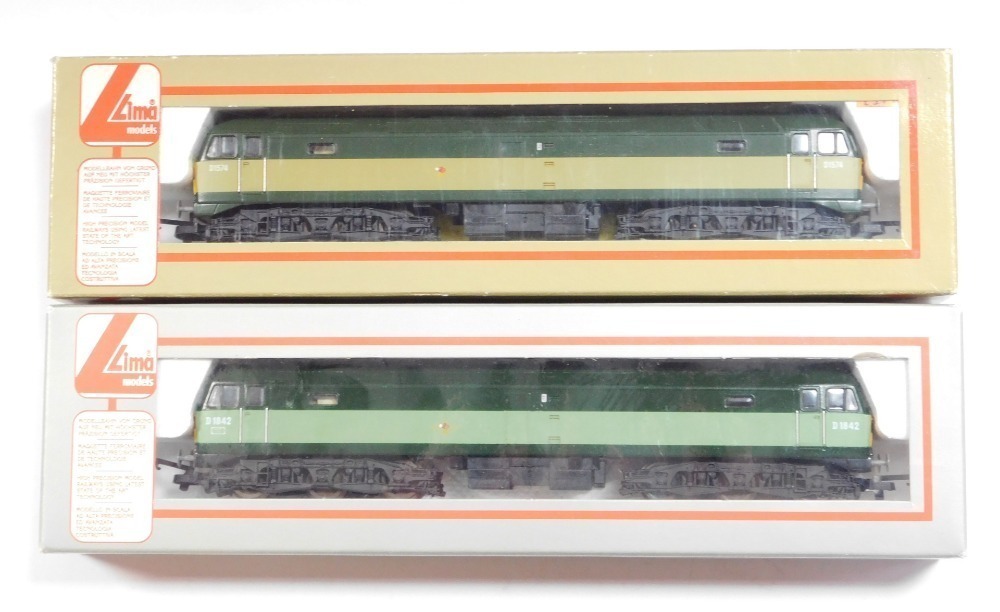 Lima Models OO gauge Class 47 locomotives, comprising D1842, BR green livery, and D1574, BR ...