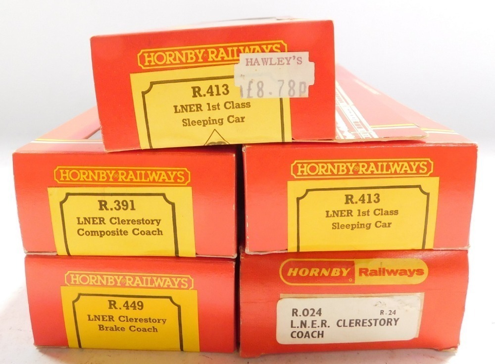Hornby OO gauge coaches, including R391 LNER Clerestory composite coach, R413 LNER First Class ...