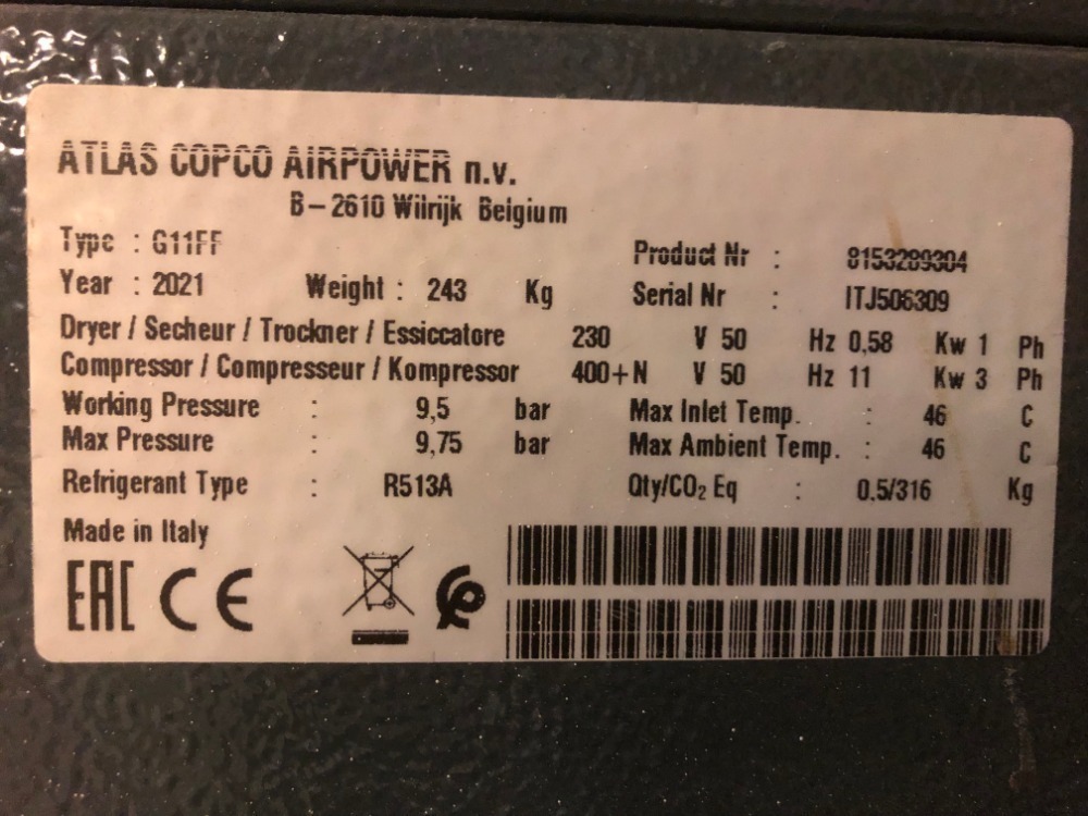 An 2021 Atlas Copco compressor, model G11FF, and tank. Note: VAT is ...
