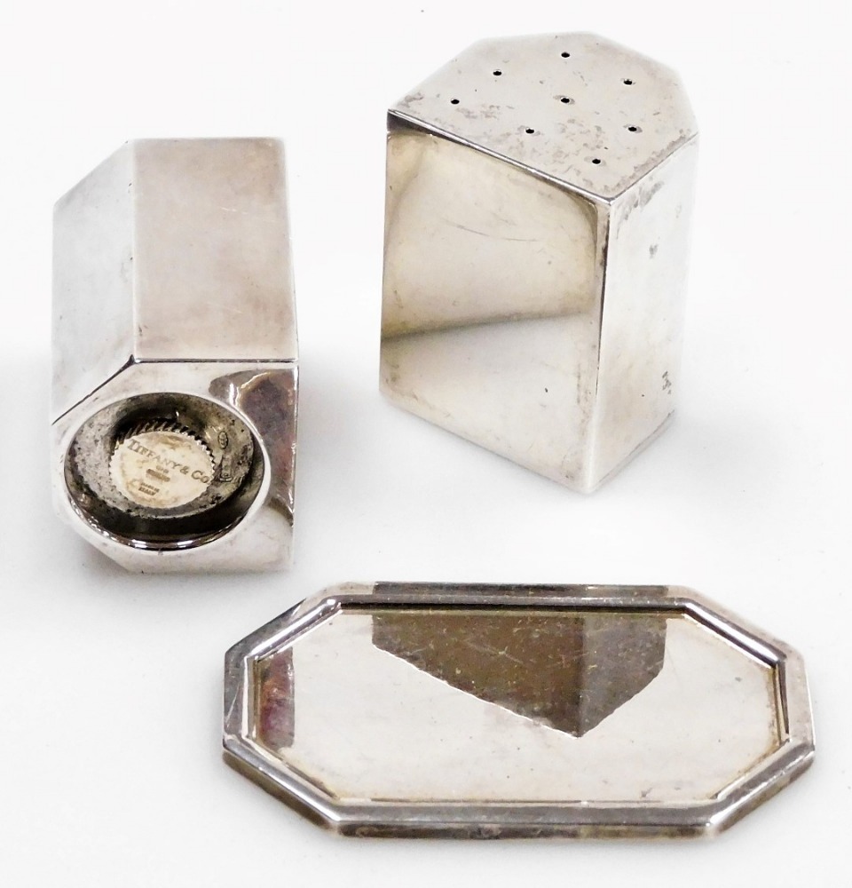 A Tiffany & Co sterling silver cruet, on stand, of octagonal form, 176 ...