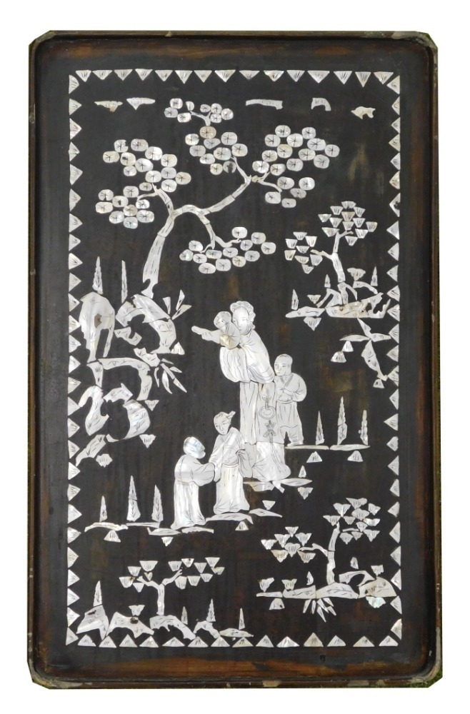 A late 19thC Oriental lacquered rectangular tray, inset with a scene of ...